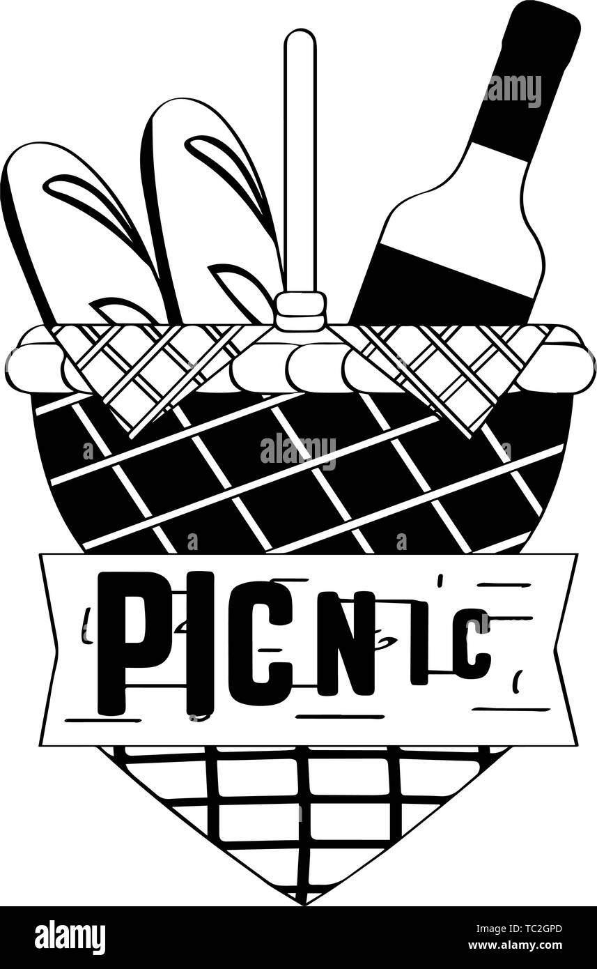 Picnic basket with bread and wine - Outline Vector Stock Vector Image ...