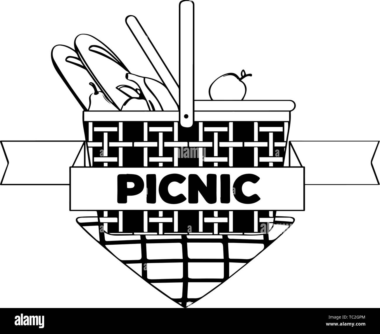 Picnic basket with bread and fruits - Outline Vector Stock Vector Image ...