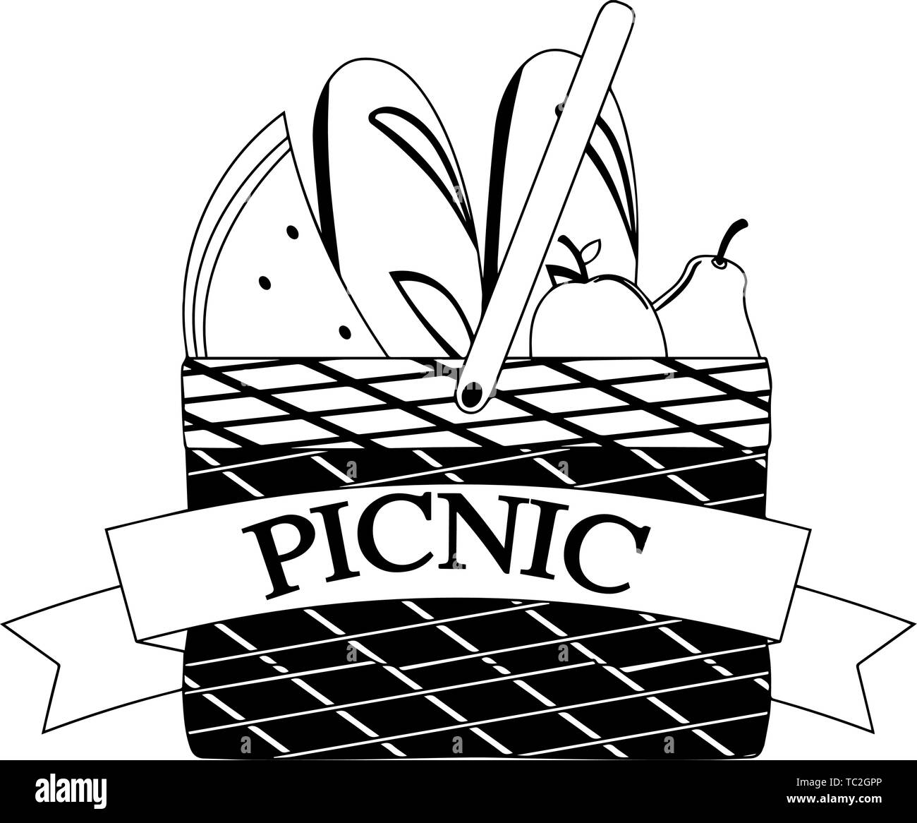 Picnic basket with bread and fruits - Outline Vector Stock Vector Image ...