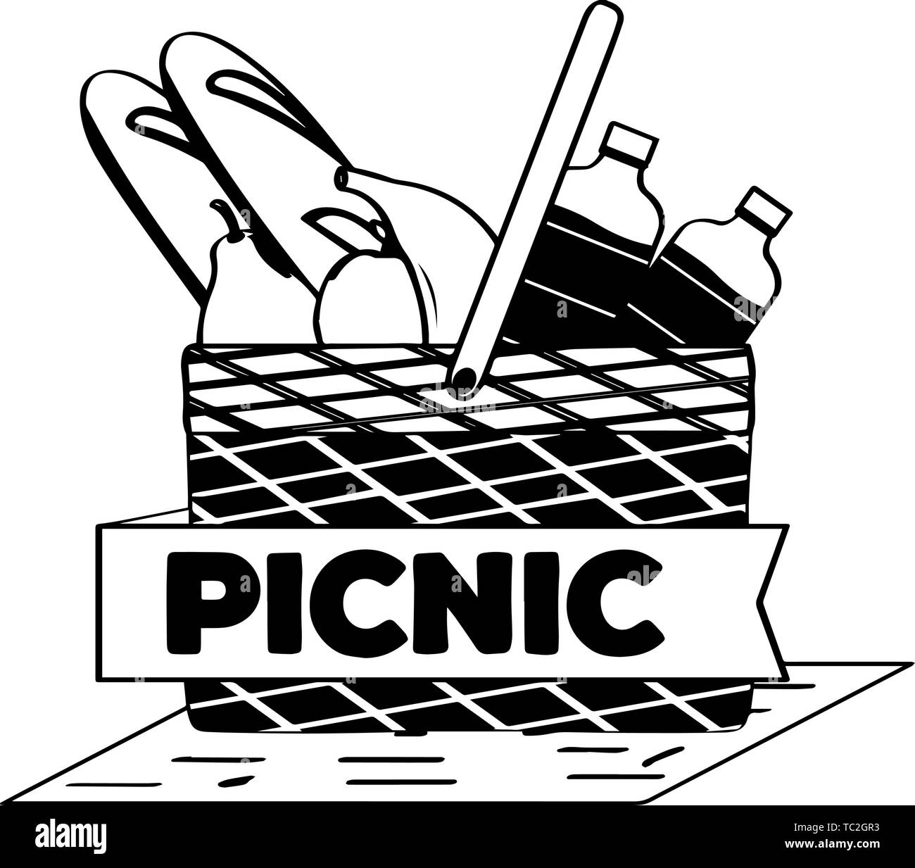 Picnic basket with water bottle, bread and fruits - Outline Vector ...