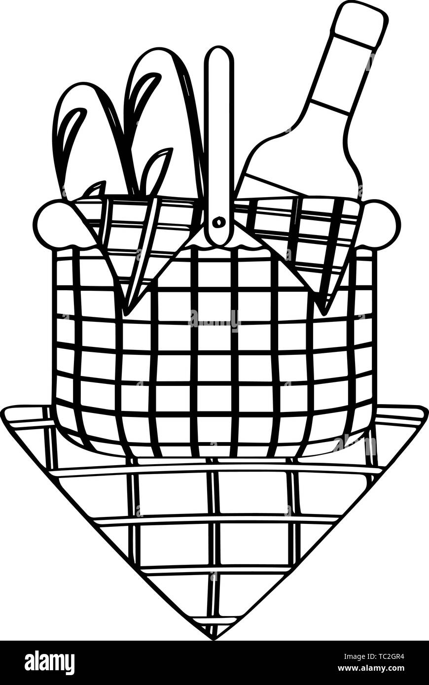 Picnic basket with bread and wine - Outline Vector Stock Vector Image ...