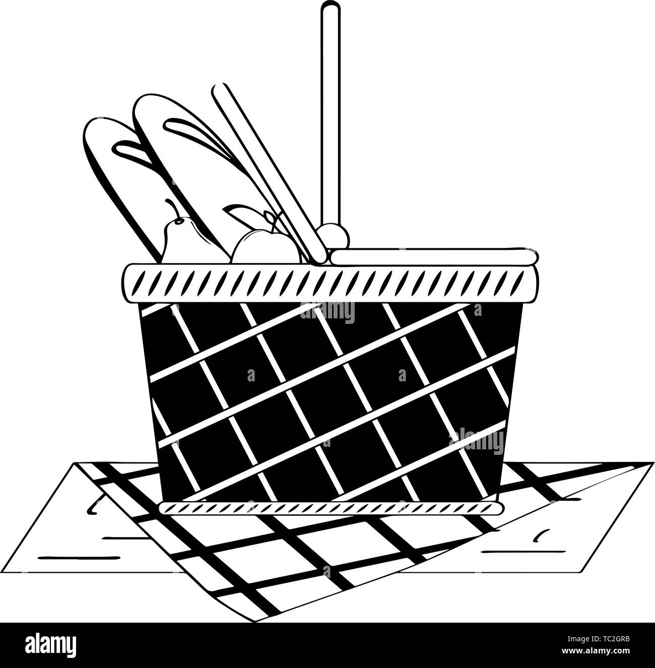 Picnic basket with bread and fruits - Outline Vector Stock Vector Image ...