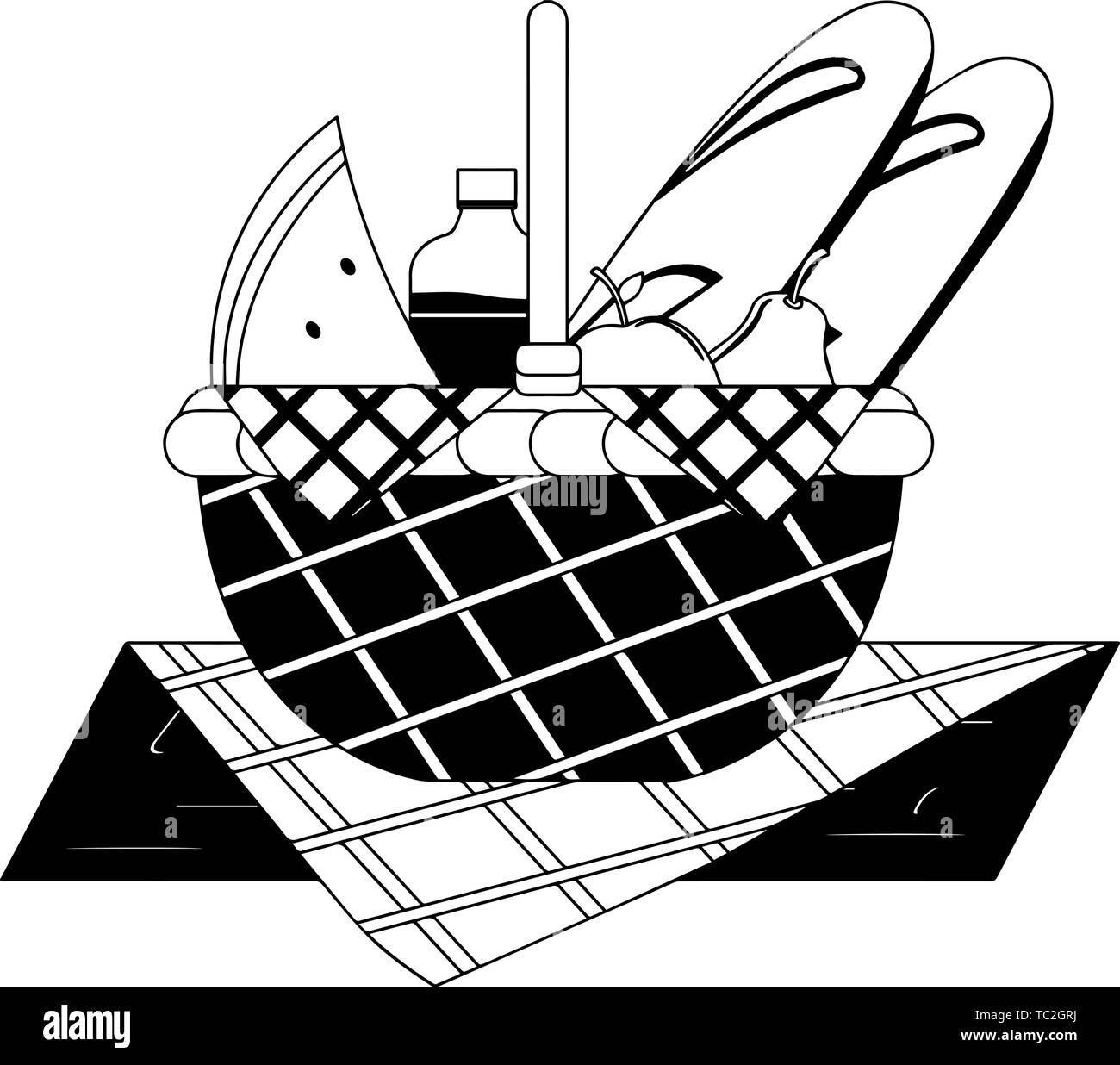 Picnic basket with water bottle, bread and fruits - Outline Vector ...