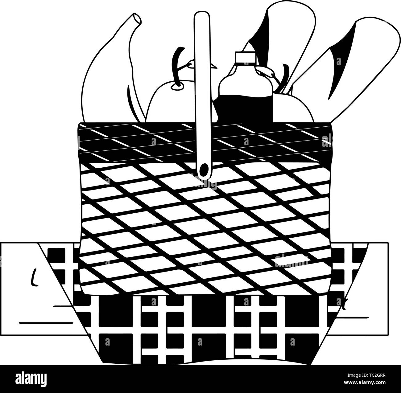 Picnic basket with water bottle, bread and fruits - Outline Vector ...