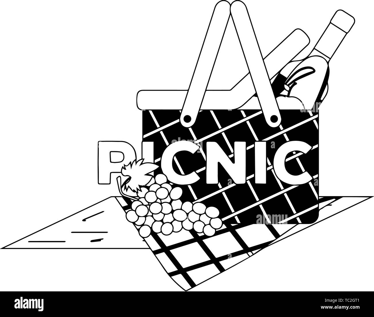 Picnic basket wit a wine bottle, fruits and bread - Outline Vector ...