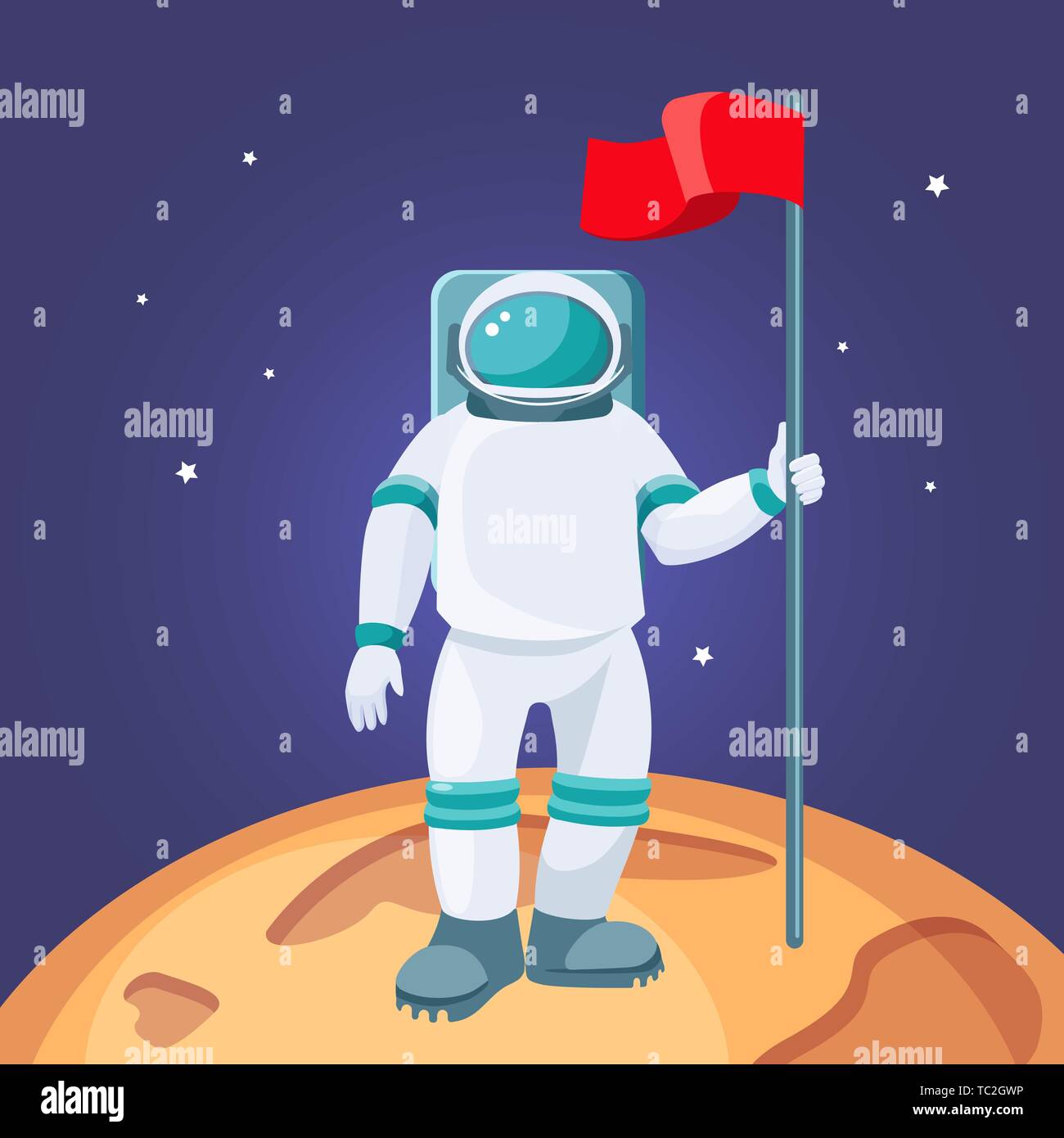 Astronaut with red flag on moon surface. Cosmonaut in space suit and ...