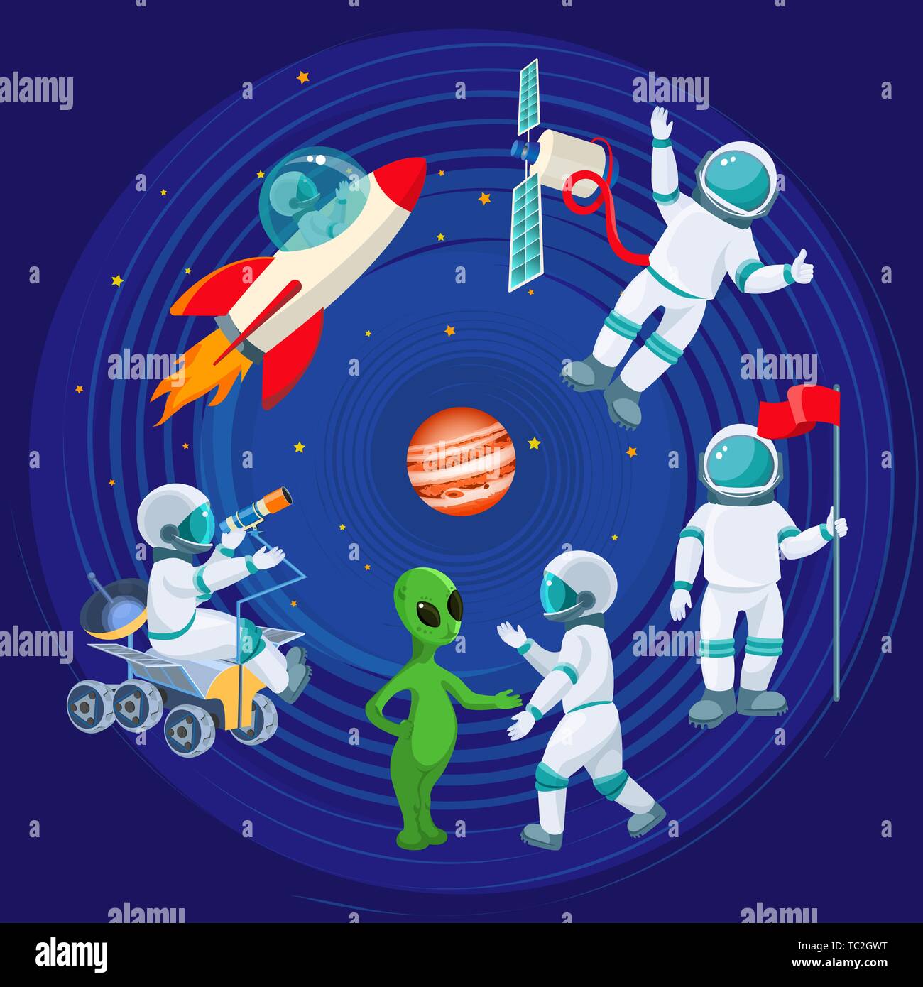 Flying rocket, spaceman with satellite, cosmonaut with red flag, alien ...