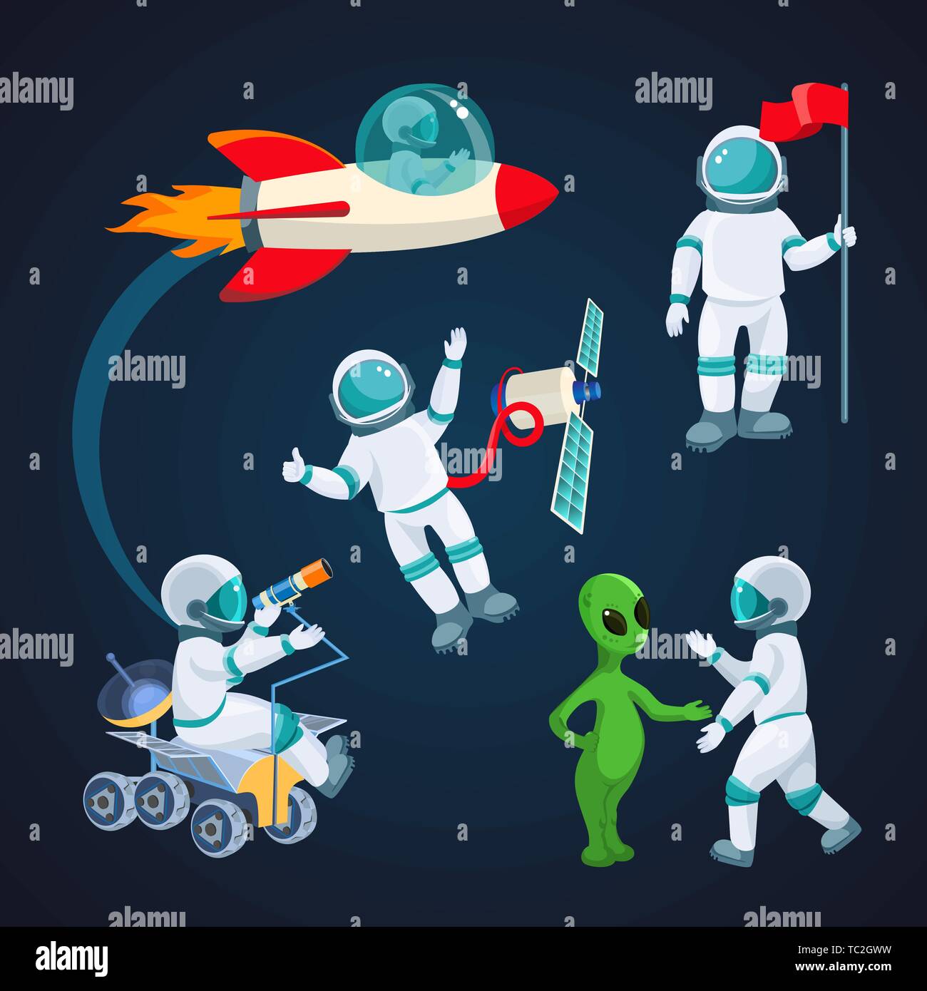 Flying rocket, spaceman with satellite, cosmonaut with red flag, alien ...