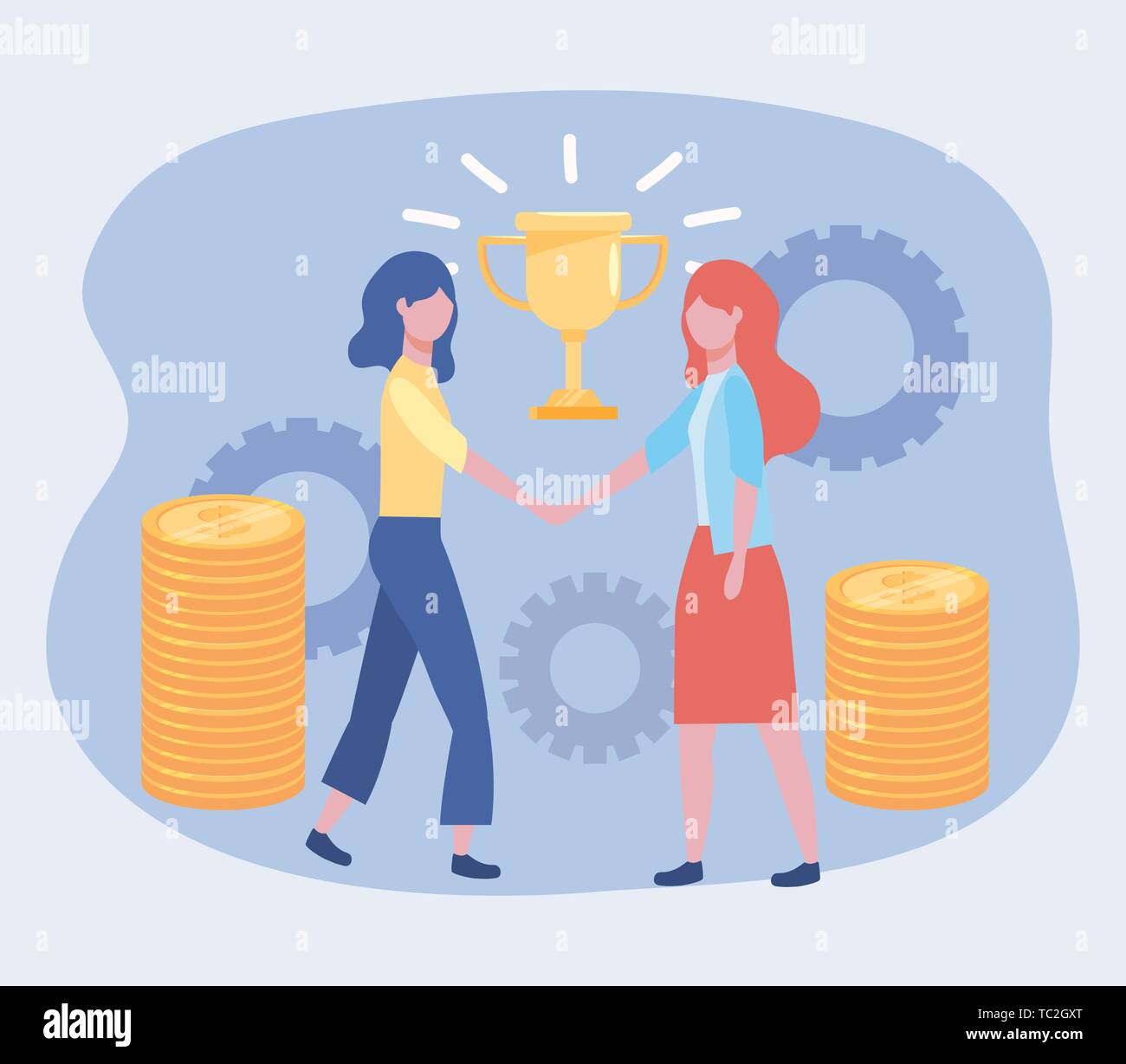 businesswomen with cup prize and coins with gears to teamwork strategy ...