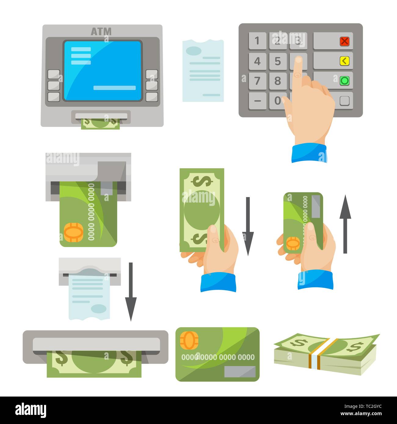 ATM usage concept vector set. Human hand pushing buttons, indications ...