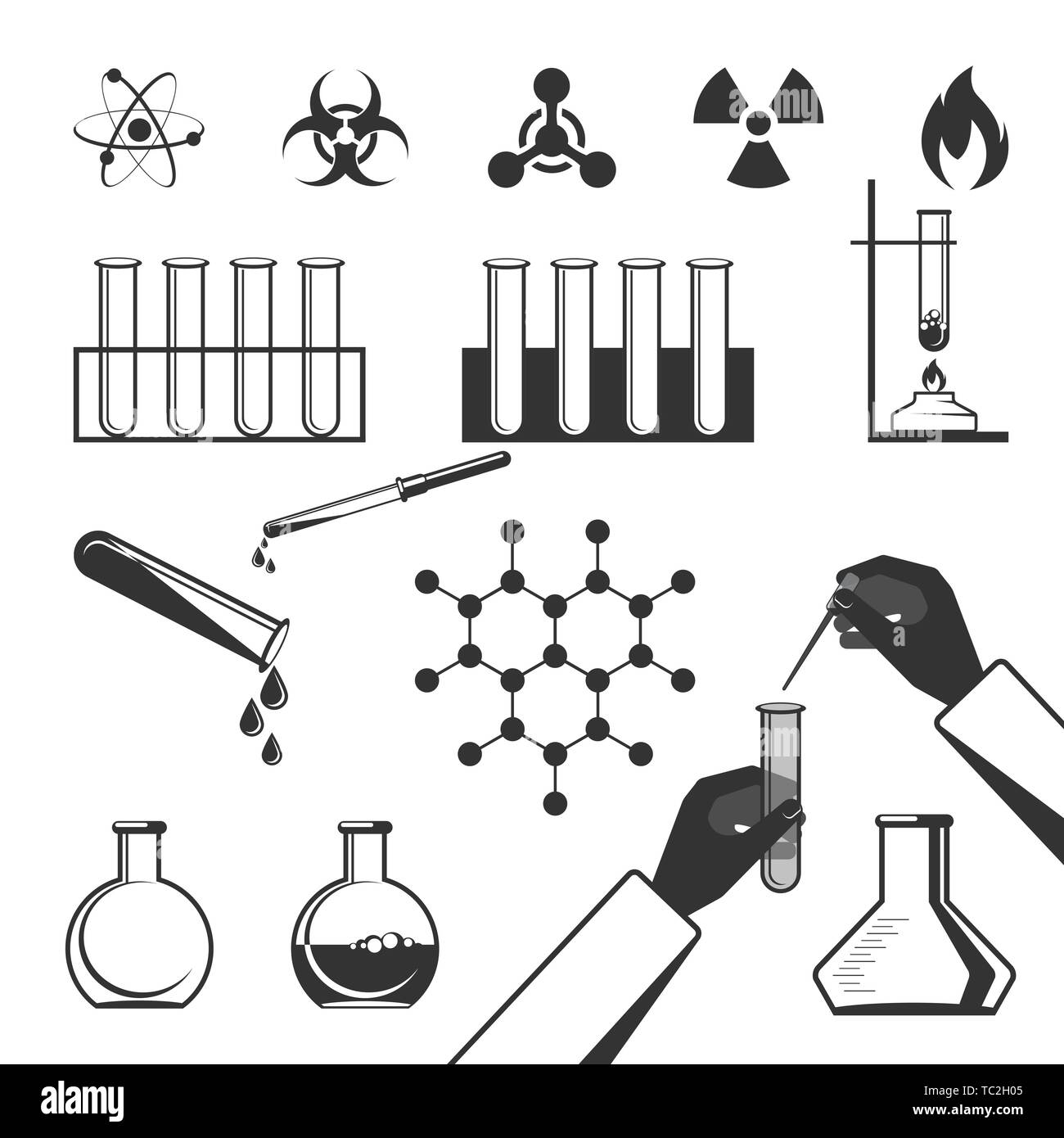 Molecular elements and special test tube black icons collection on ...