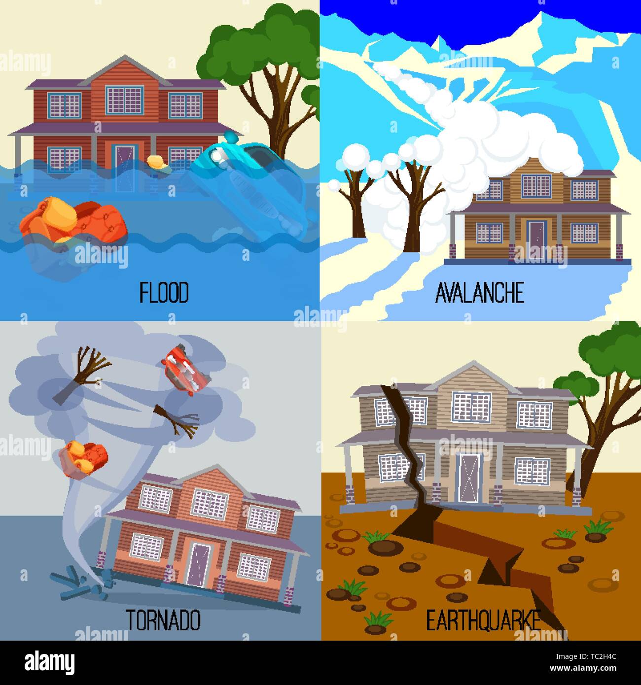 Set of natural disasters banners tornado, earthquake, avalanche, flood ...