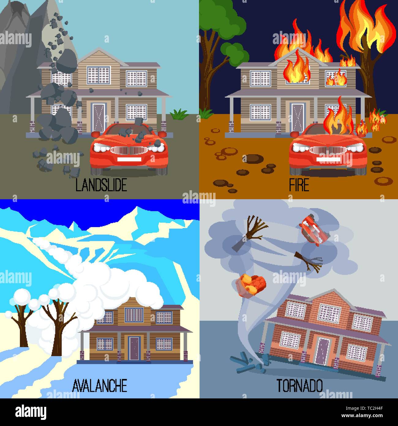 Set of natural disasters banners landslide, fire, avalanche, tornado ...