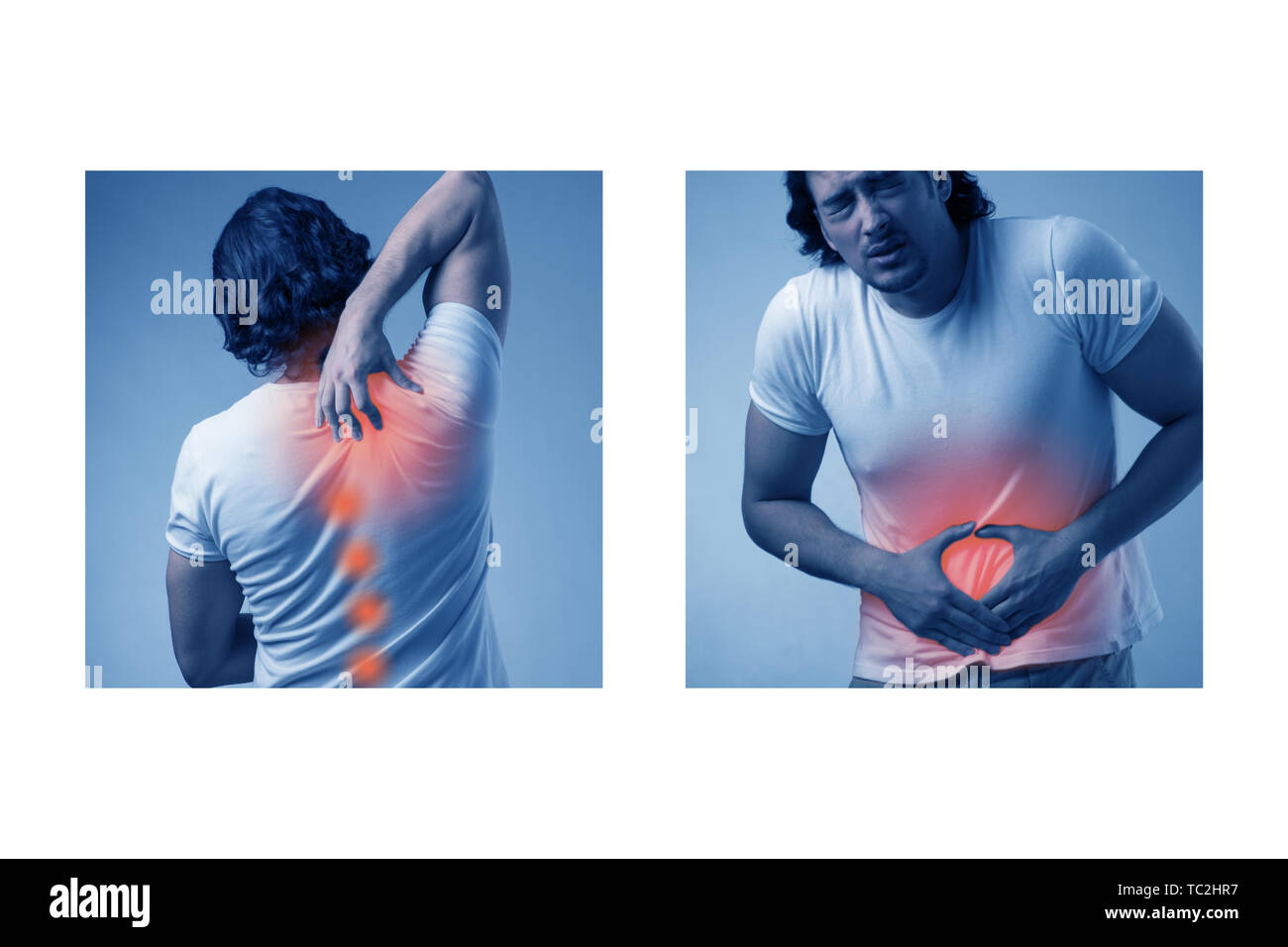 Collage of man suffering from acute pain Stock Photo - Alamy