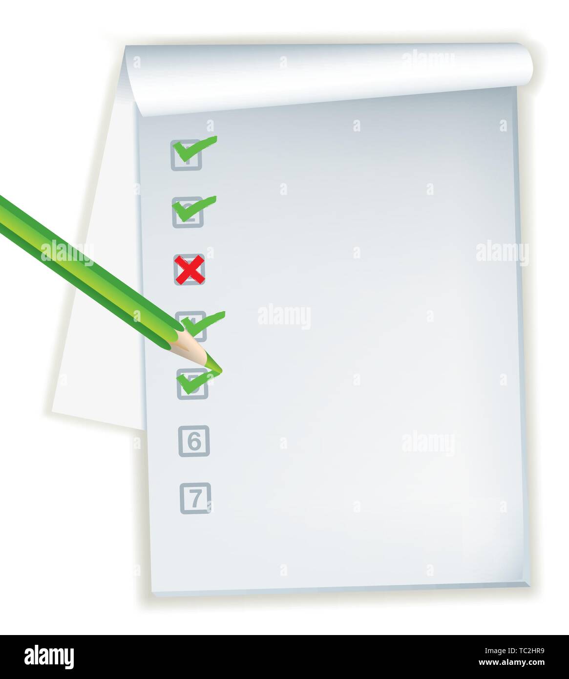 Vector illustration. Paper notebook open with ticked and crosses ...