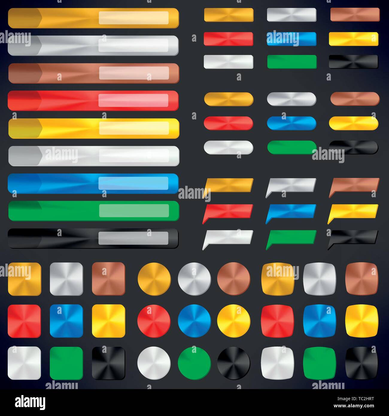 Vector illustration. Metallic badges and buttons in different colors in ...