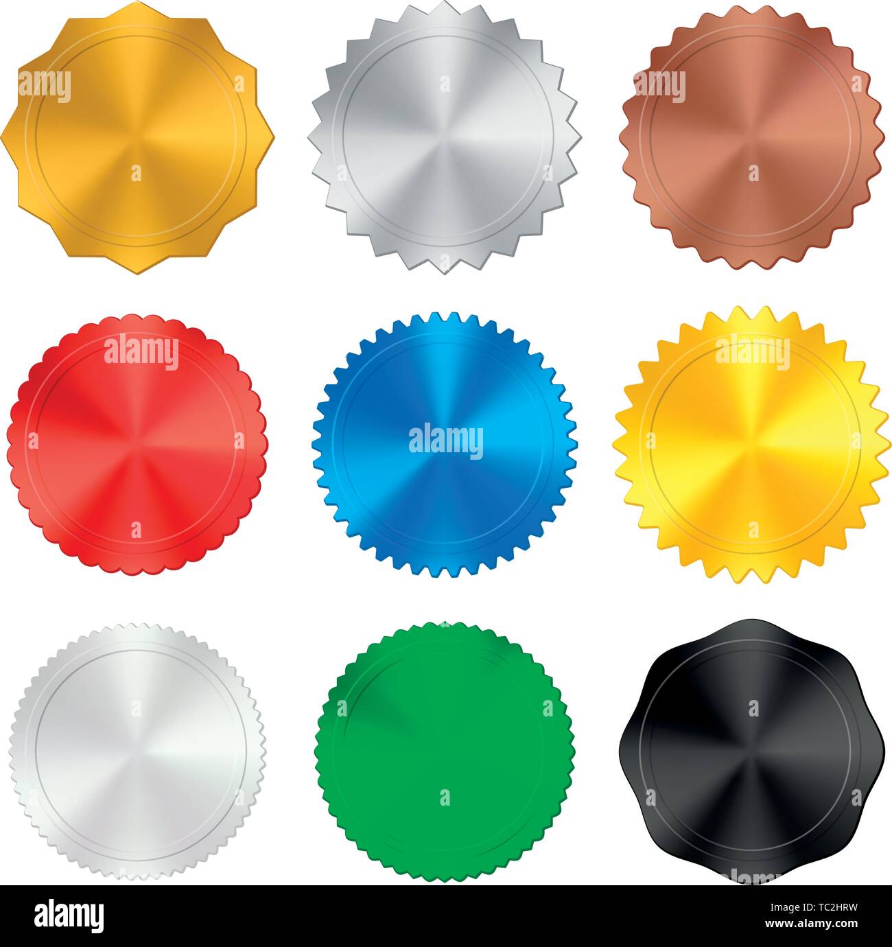 Vector illustration. Nine metallic badges in different colors in shiny ...
