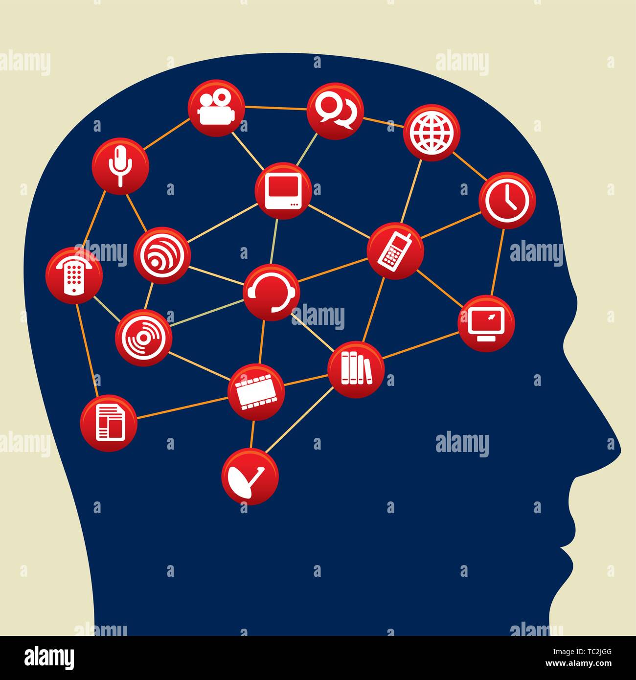 Vector illustration. Head with interconnected icons as a brain Stock ...