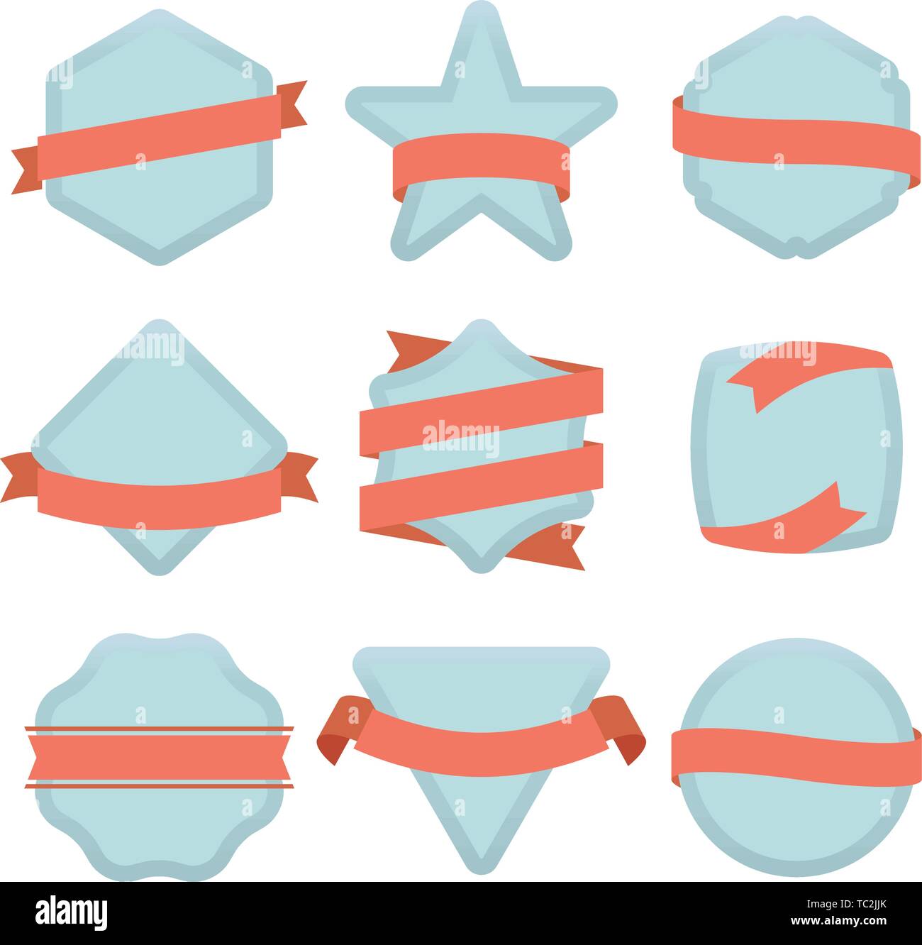 Vector illustration. Nine plain badges with ribbons in soft colors ...