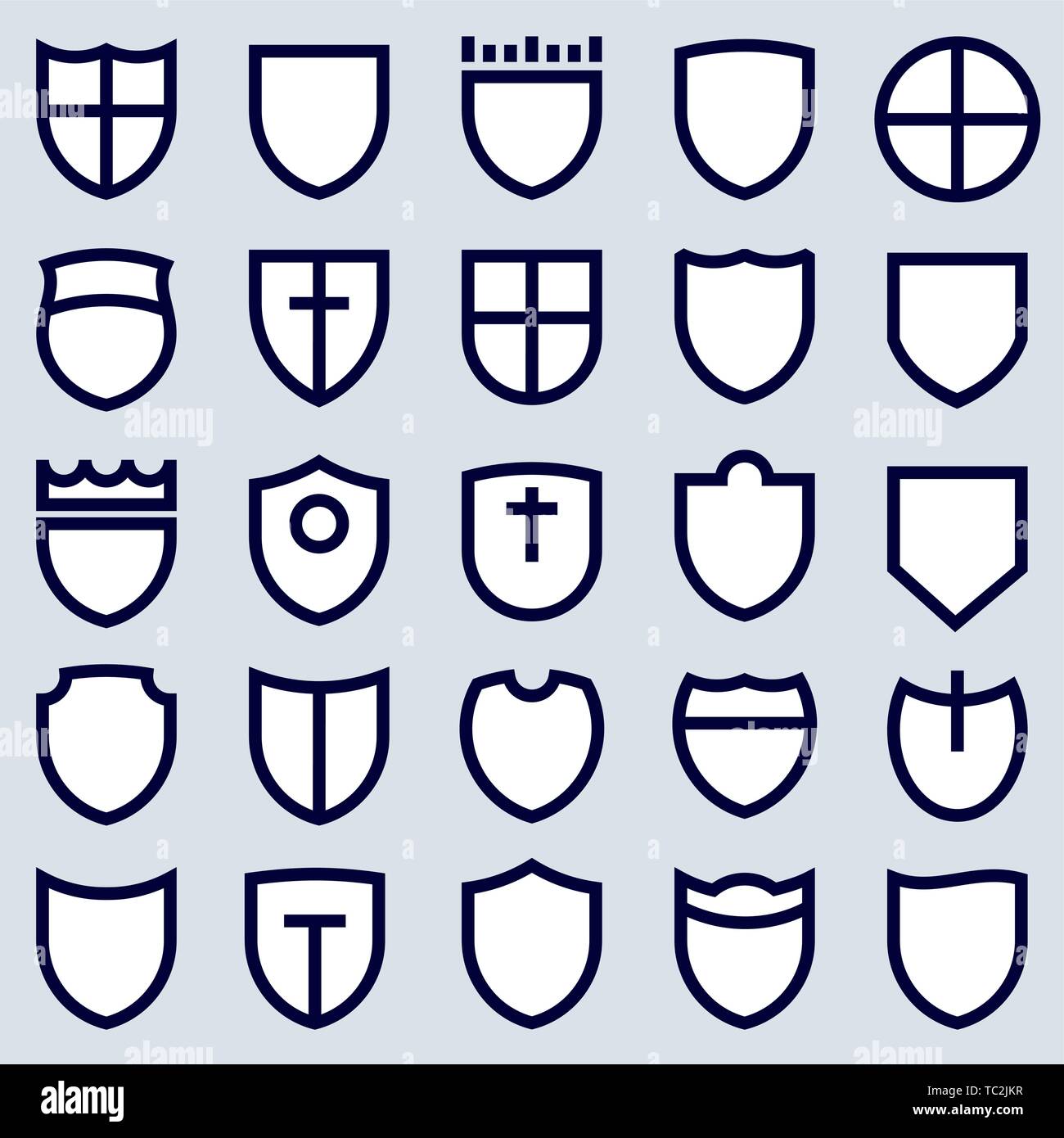 Vector illustration. Set of twenty five geometric and plain shield ...
