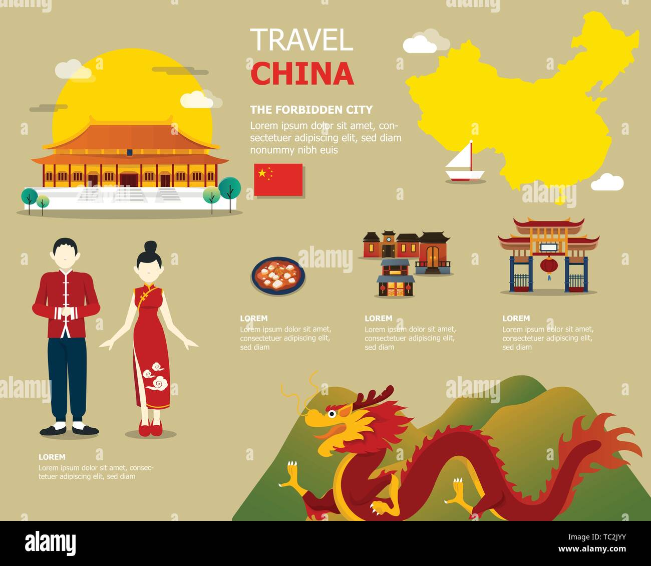 Map of the China and landmark icons for traveling Stock Vector Image ...