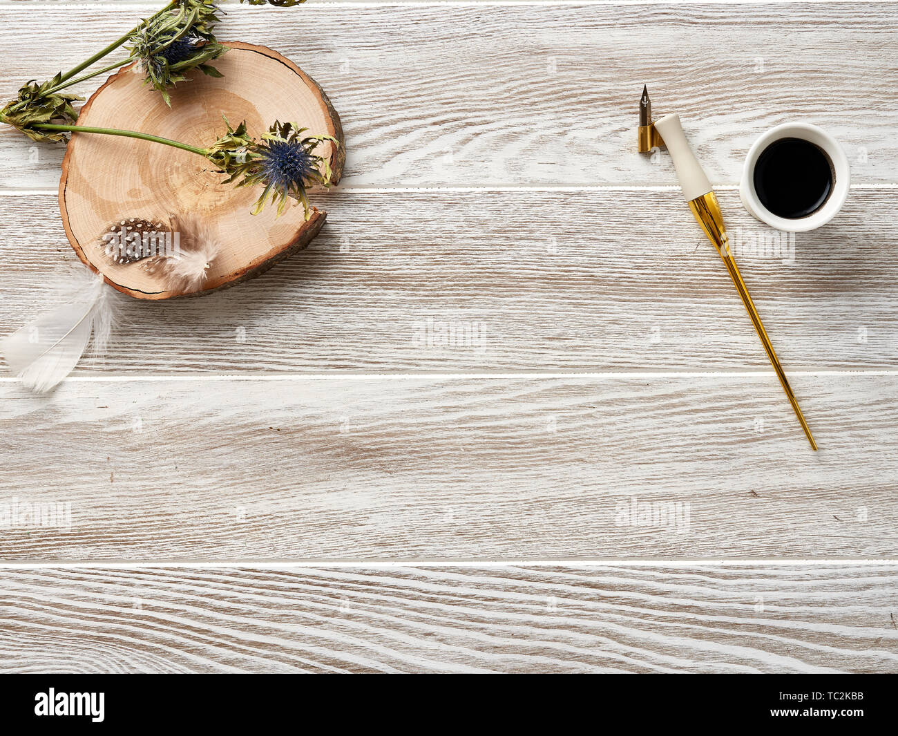 Calligraphy pen and ink on a wooden white table. View from the top ...