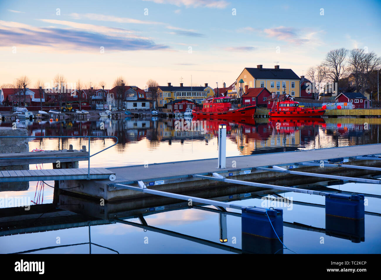 Pilot boats in Sandhamn harbour at twilight, Stockholm archipelago ...
