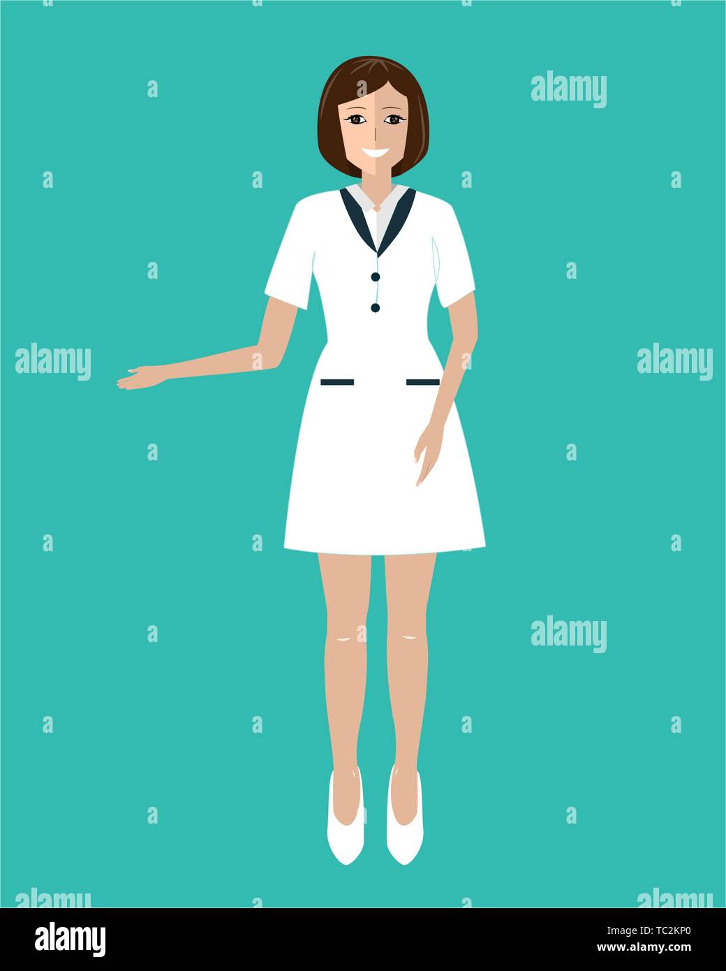 Friendly woman doctor inviting clients to the clinic. Flat vector ...