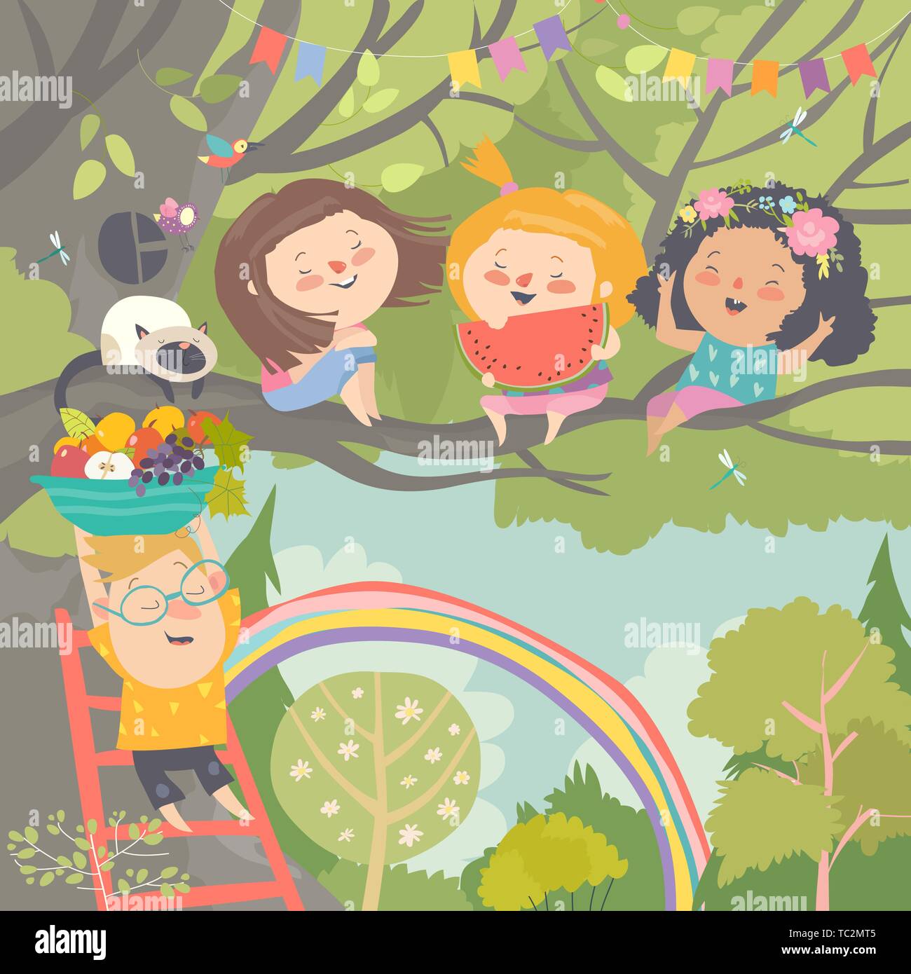Children playing and having fun in the tree Stock Vector Image & Art ...