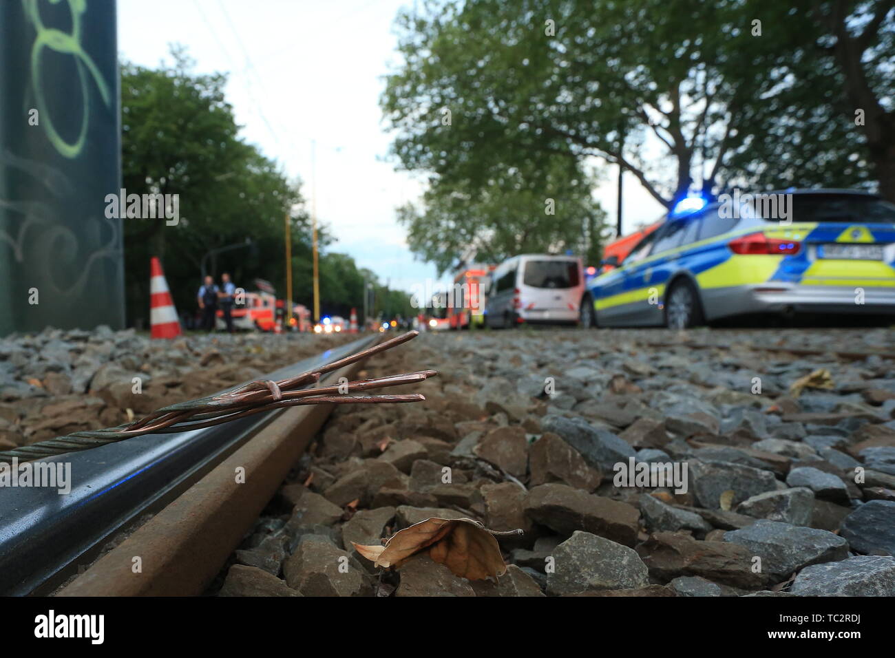 Duesseldorf, Germany. 04th June, 2019. A wire lies on a rail after a ...