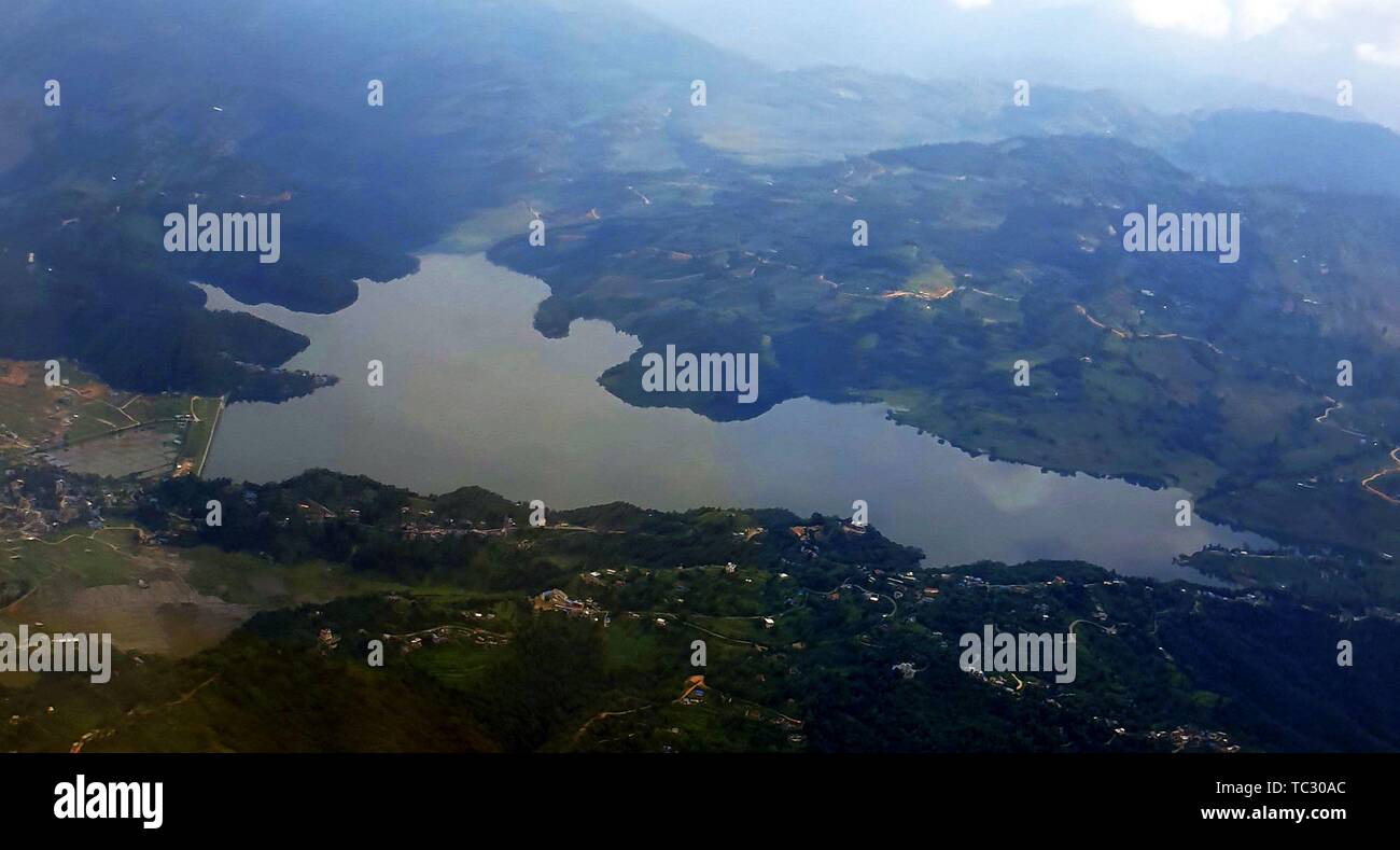 Pokhara, Nepal. 4th June, 2019. Aerial photo shows the Begnas lake in ...