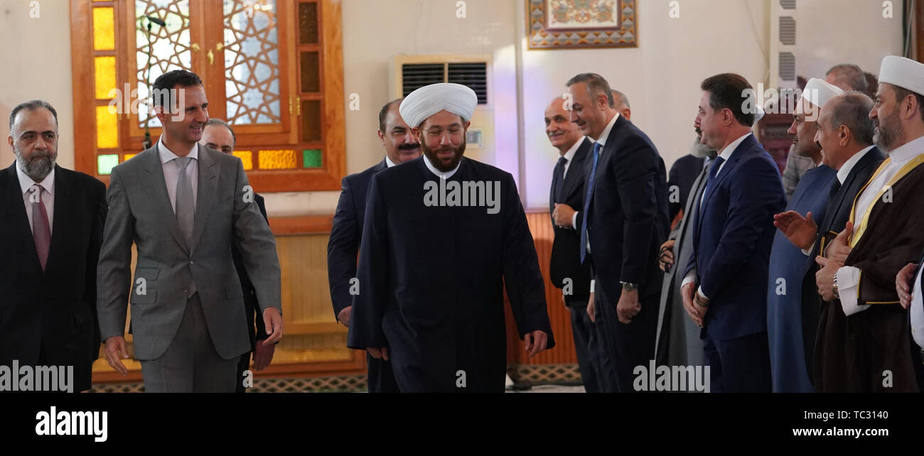 Damascus, Syria. 05th June, 2019. Syrian President Bashar Assad (2-L ...