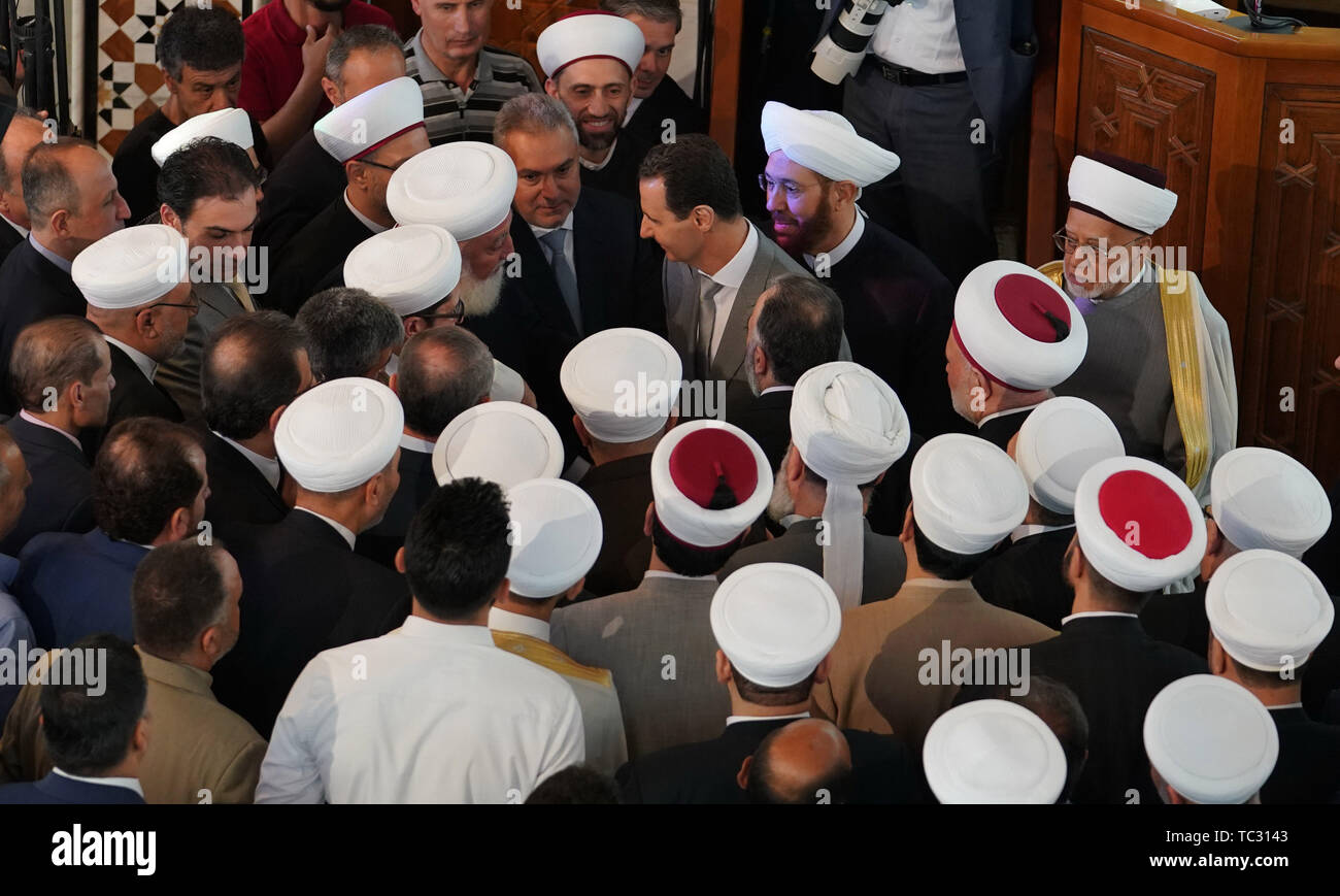 Damascus, Syria. 05th June, 2019. Syrian President Bashar al-Assad (C ...