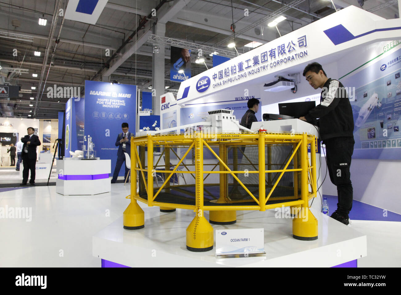 Oslo, Norway. 4th June, 2019. A model of Ocean Farm 1 is displayed at ...