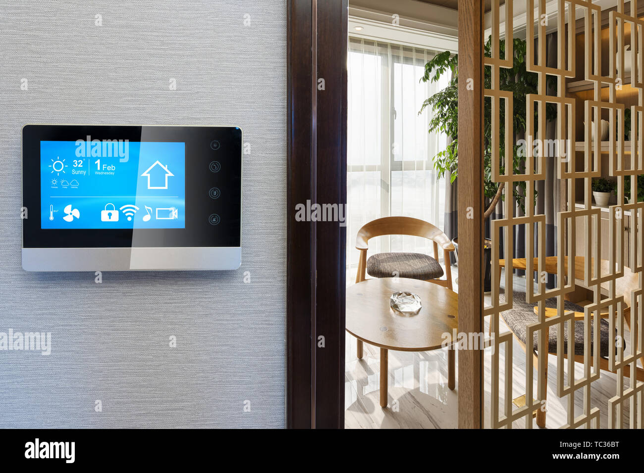 smart screen with smart home and modern living room Stock Photo - Alamy