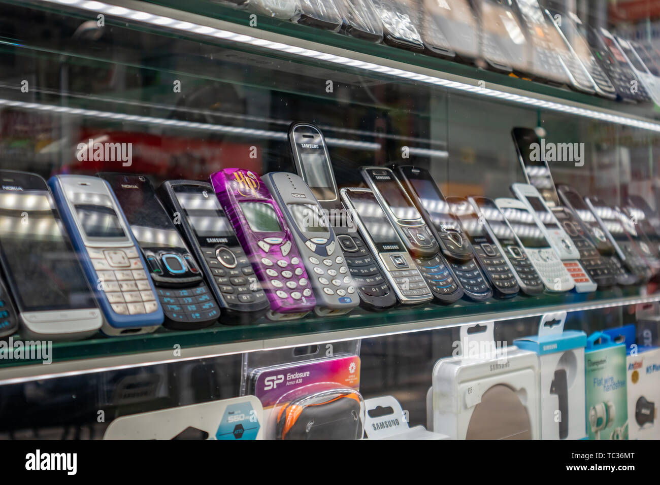April 28, 2019. Athens, Greece. Phones new and retro through shop's ...