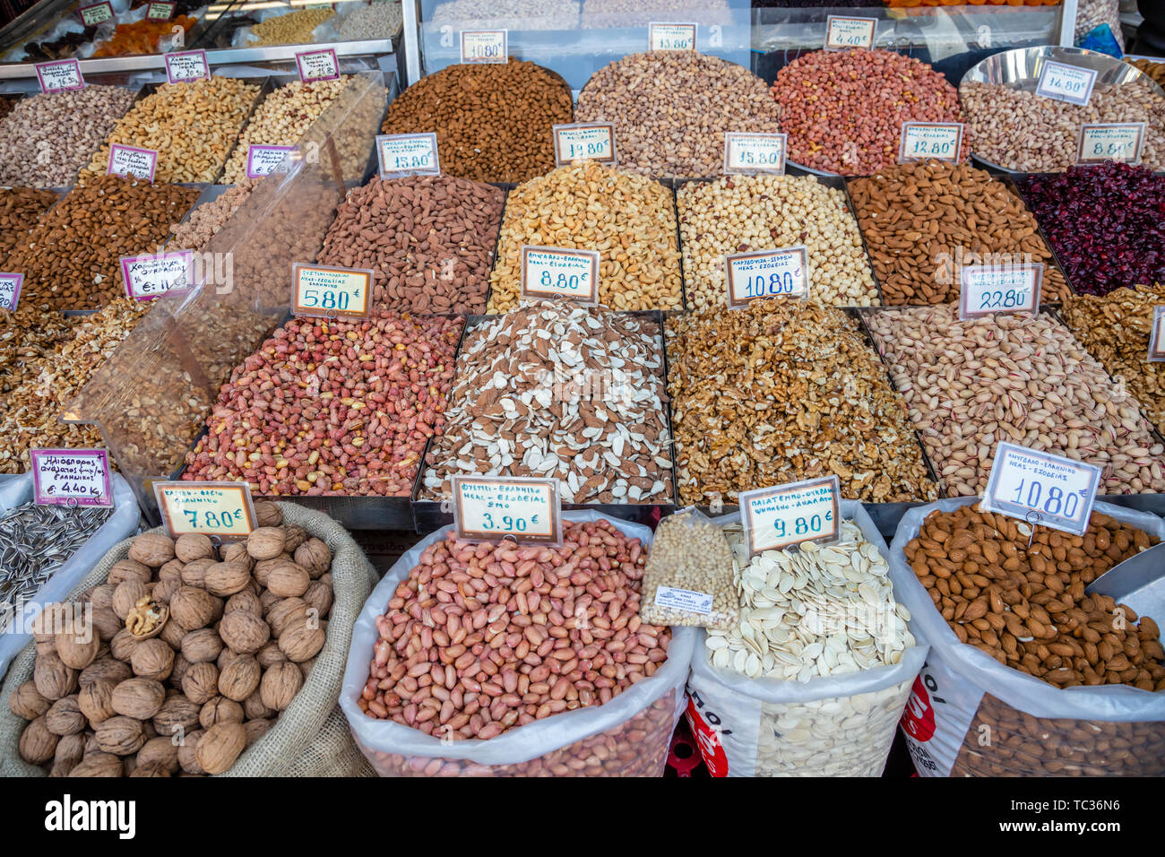 April 28, 2019. Athens, Greece. Nuts variety at street market stall ...