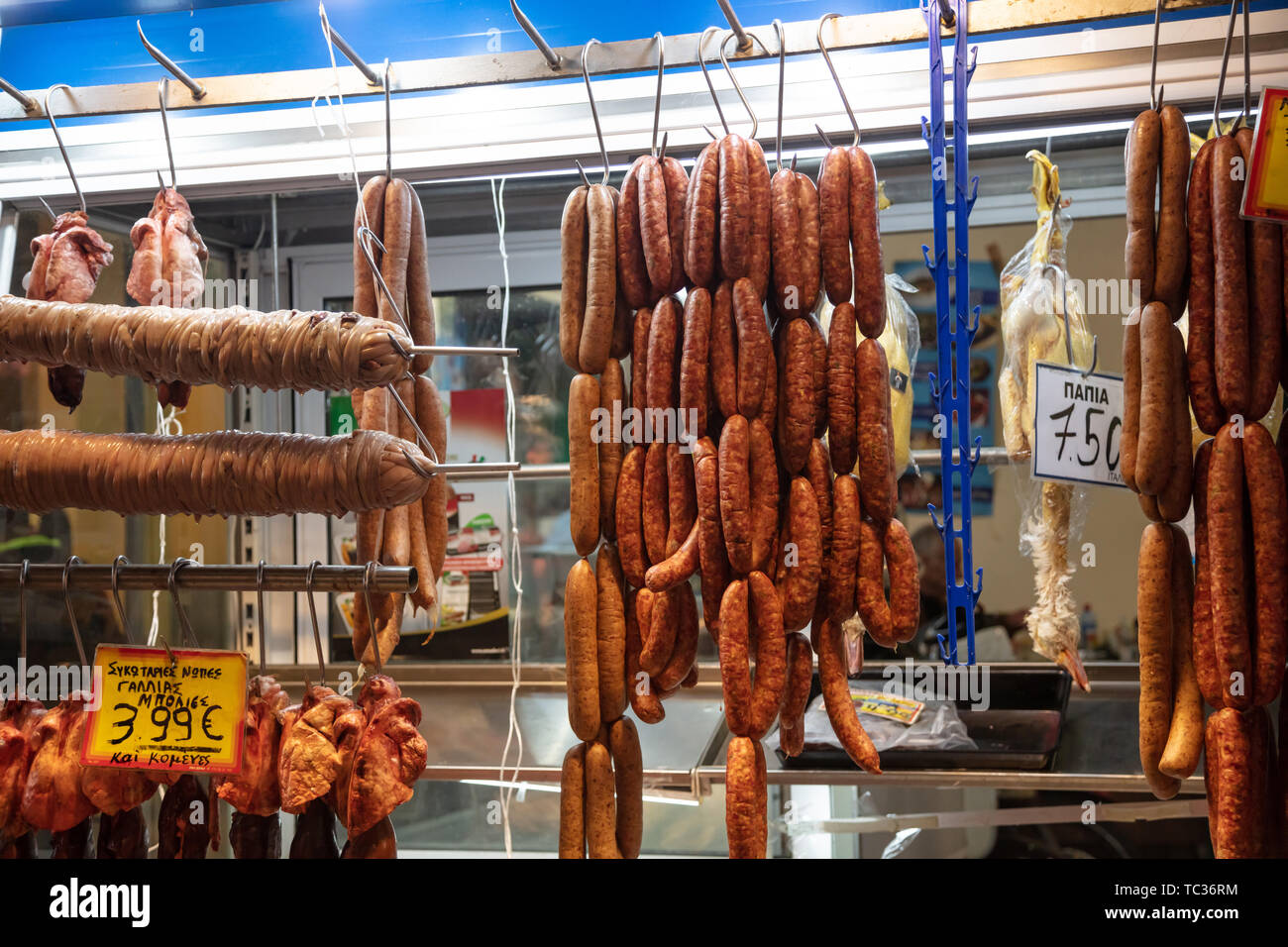 April 28, 2019. Athens, Greece. Sausages, kokorec, kokoretsi, kokorech ...