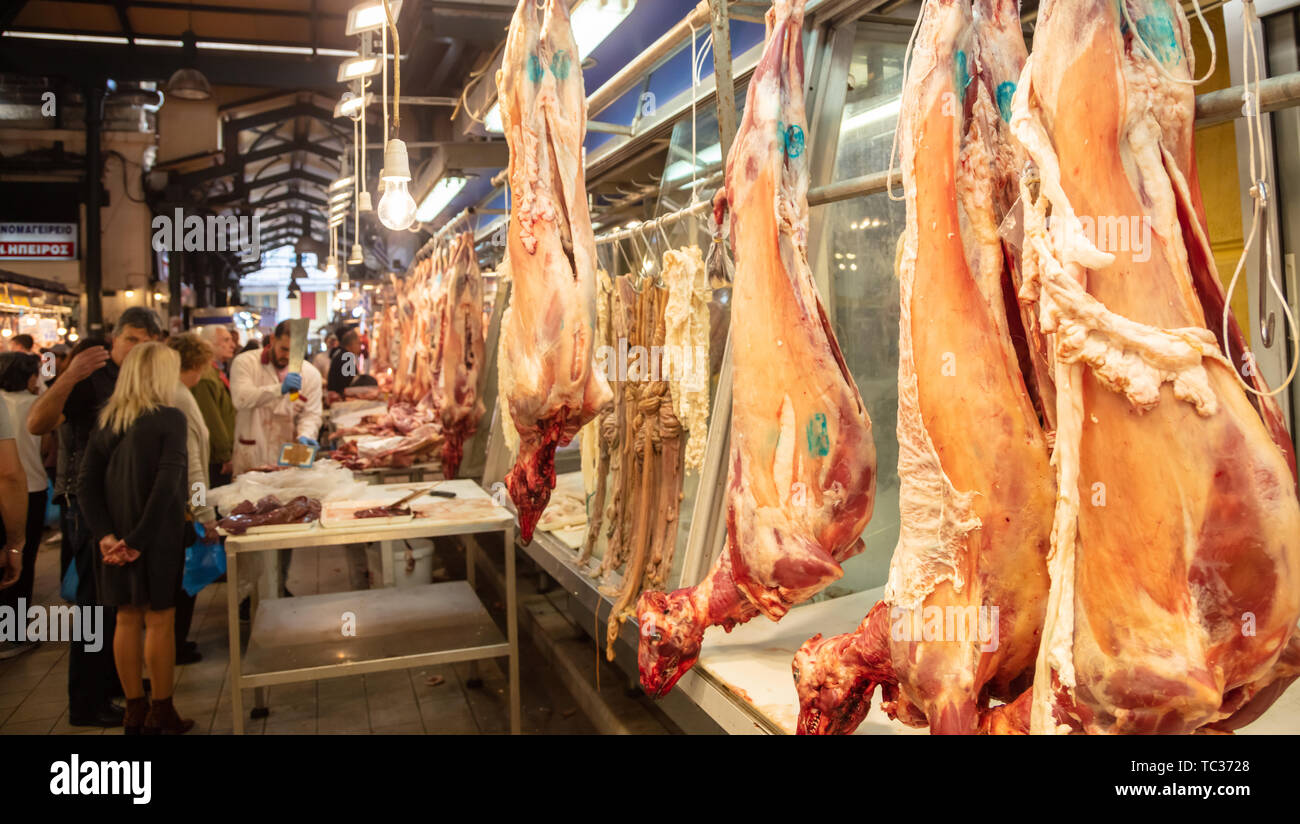 April 28, 2019. Athens, Greece. Greek meat market concept. Whole and ...