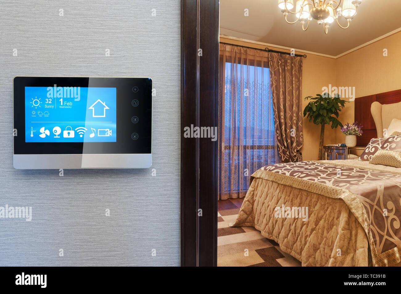 smart screen with smart home with modern bedroom Stock Photo - Alamy