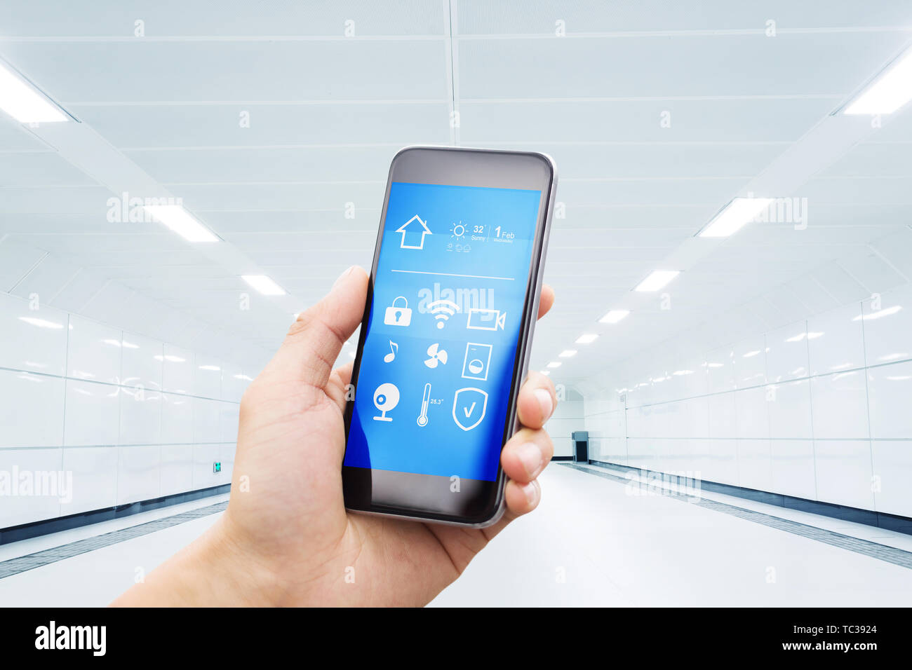 smart phone with smart home with modern corridor Stock Photo - Alamy