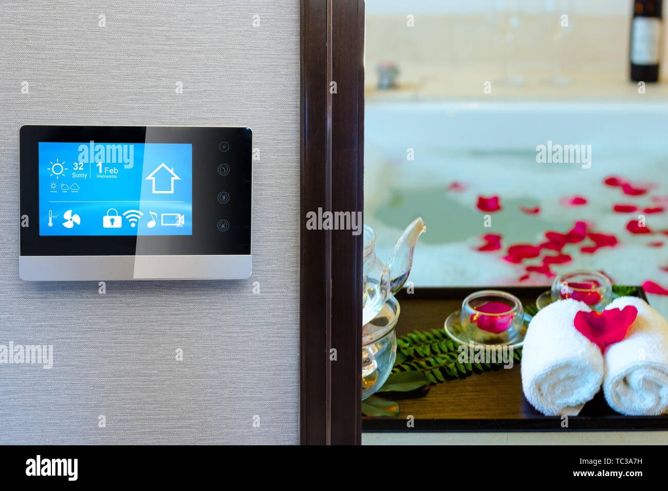 smart screen with smart home with modern spa bathroom Stock Photo - Alamy