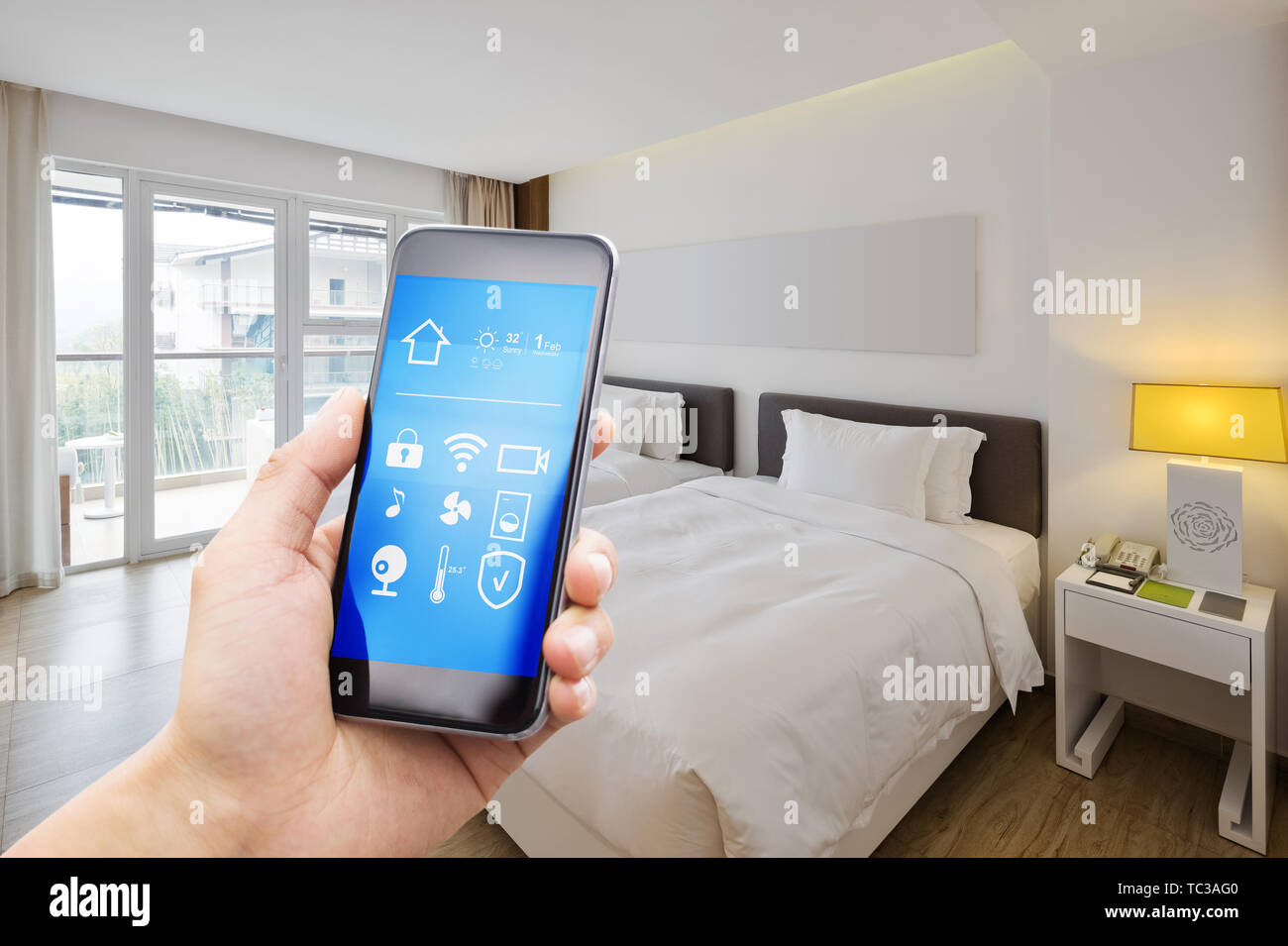 smart phone with smart home with modern bedroom Stock Photo - Alamy