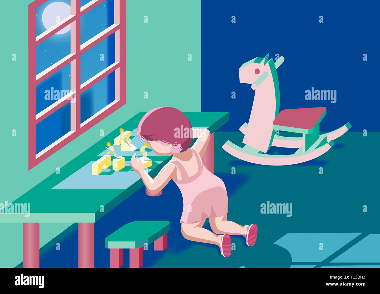 A fanciful little girl by the window in the moonlight Stock Photo - Alamy