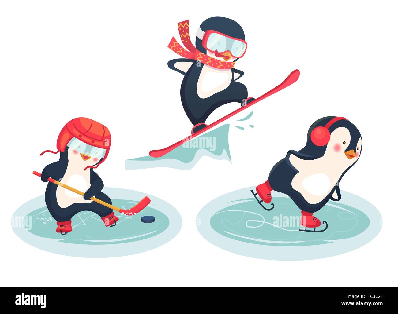Winter sports. Childrens sports concept. Active penguins in winter ...