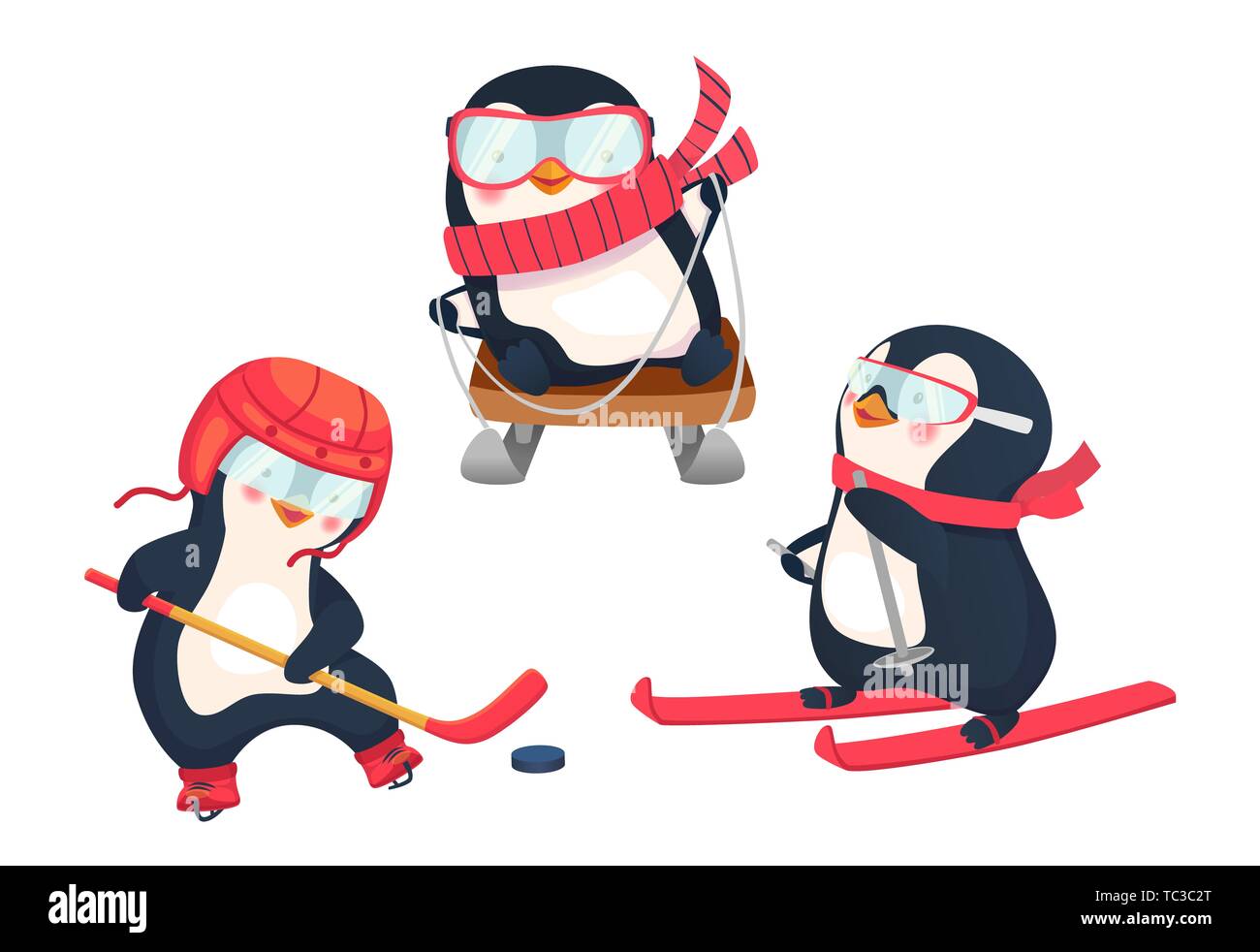 Winter sports. Childrens sports concept. Active penguins in winter ...