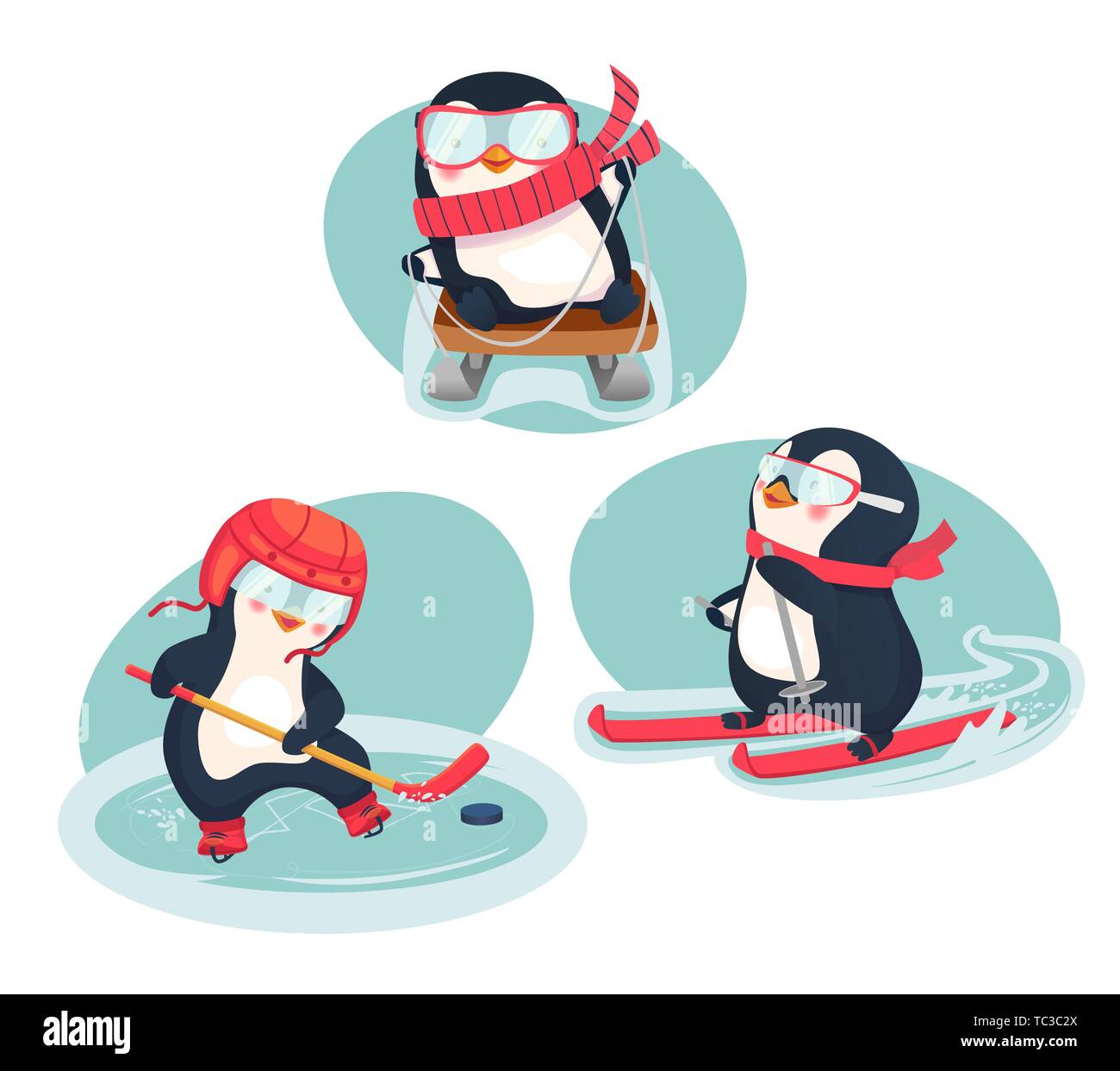 Winter sports. Childrens sports concept. Active penguins in winter ...