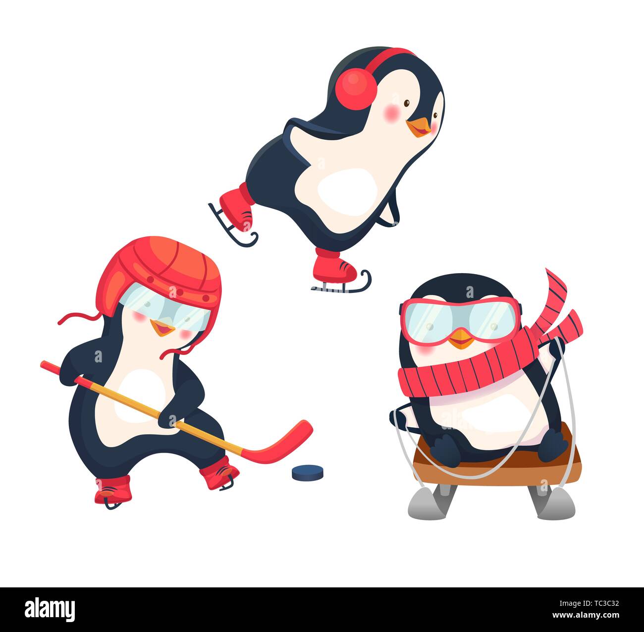 Winter sports. Childrens sports concept. Active penguins in winter ...