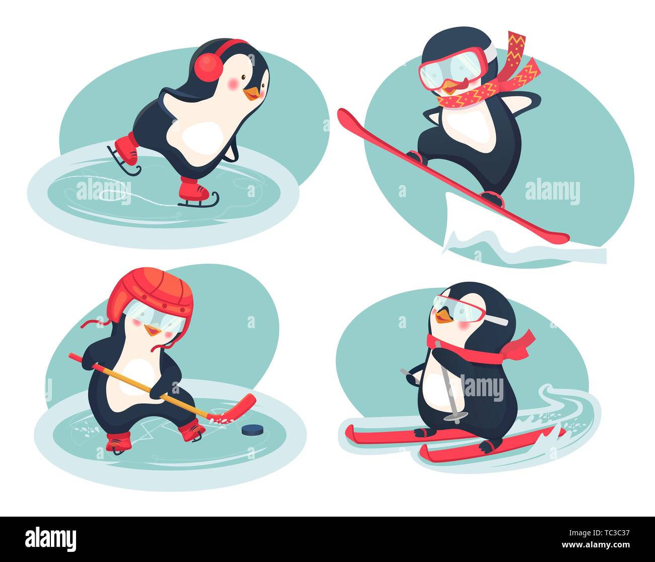 Winter sports. Childrens sports concept. Active penguins in winter ...