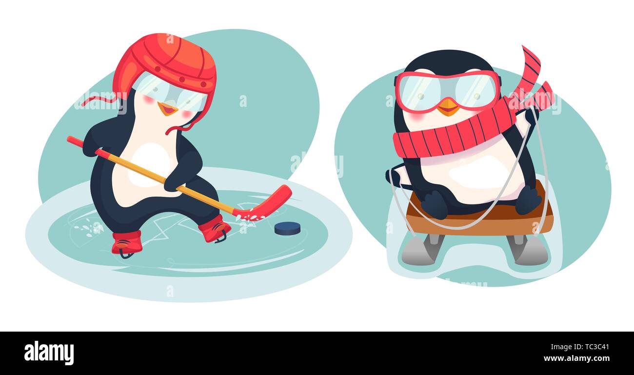 Penguin hockey player and penguin on sled. Childrens sports concept ...